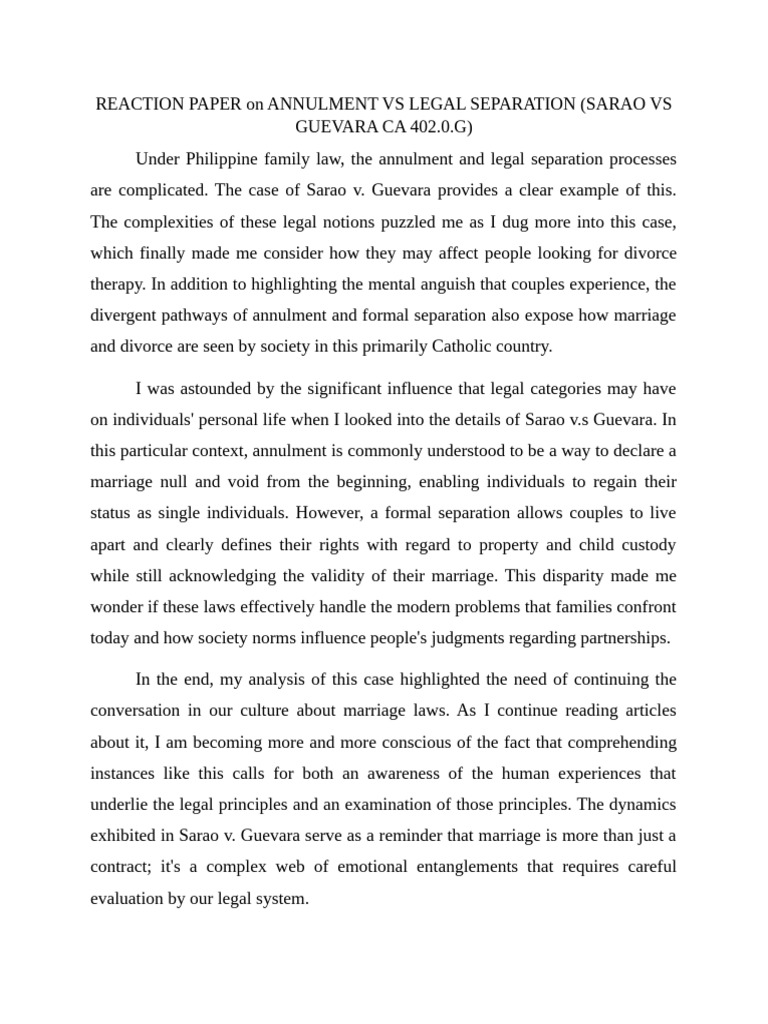 REACTION PAPER On ANNULMENT VS LEGAL SEPARATION | PDF