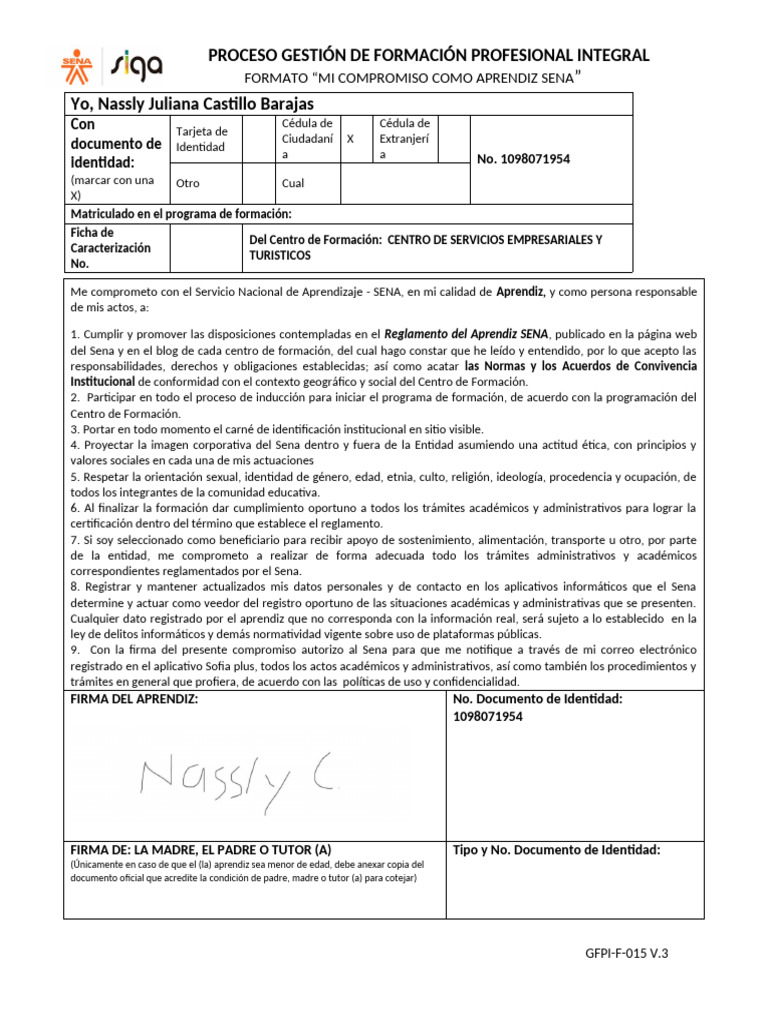 Copia de GFPI-F-015 - Formato - Compromiso - Del - Aprendiz - V3G | PDF ...
