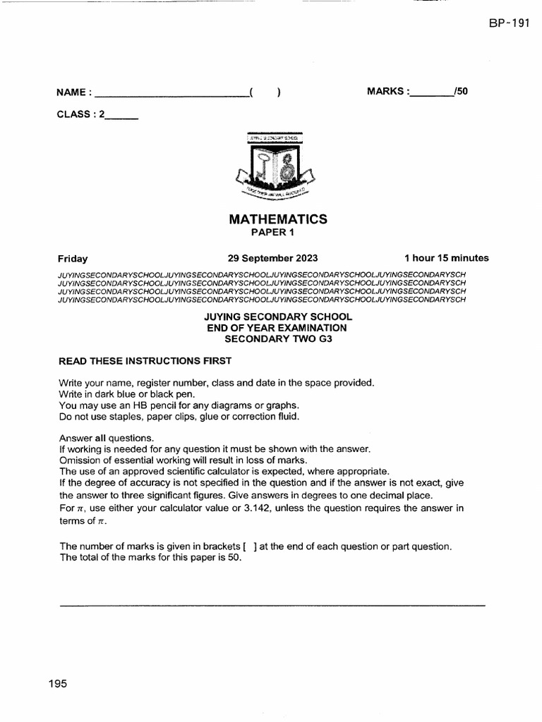 Math - Sec2 - SA2 - 2023 - Juying Sec | PDF | Circle | Area