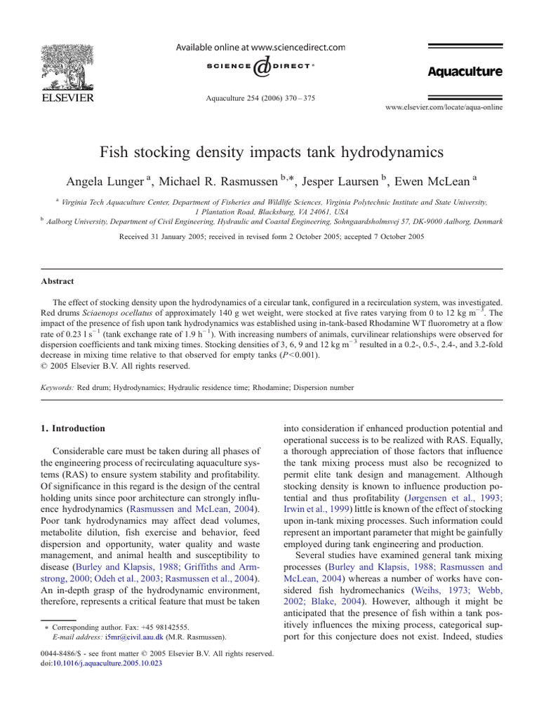Fish Stocking Density Impacts Tank Hydrodynamics | PDF | Aquaculture | Fish
