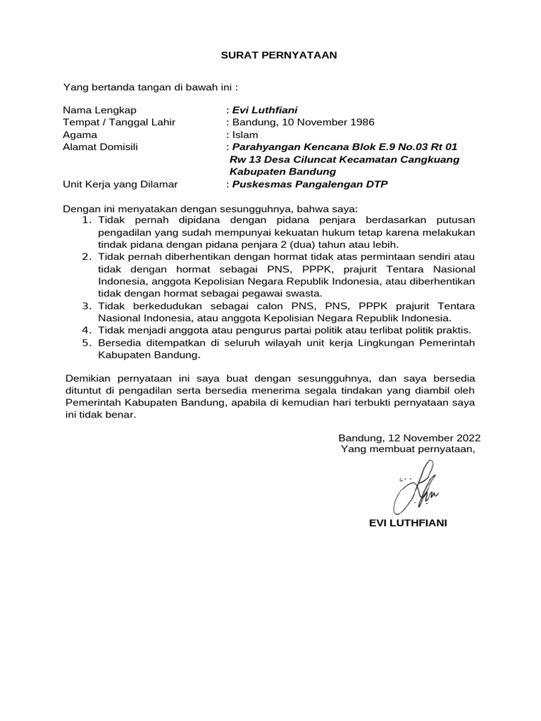 Surat Pernyataan TTD | PDF