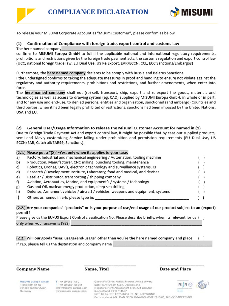Misumi Customer Account Compliance Form | PDF