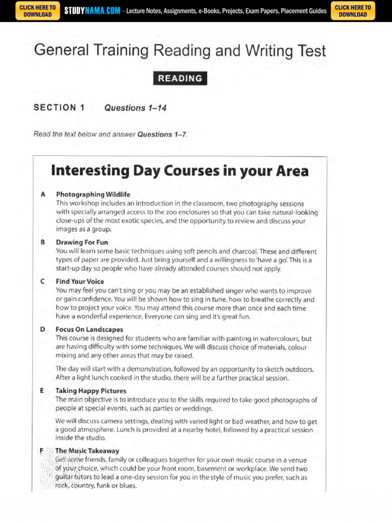 IELTS General Training - Reading - Writing Sample Test Question Paper | PDF
