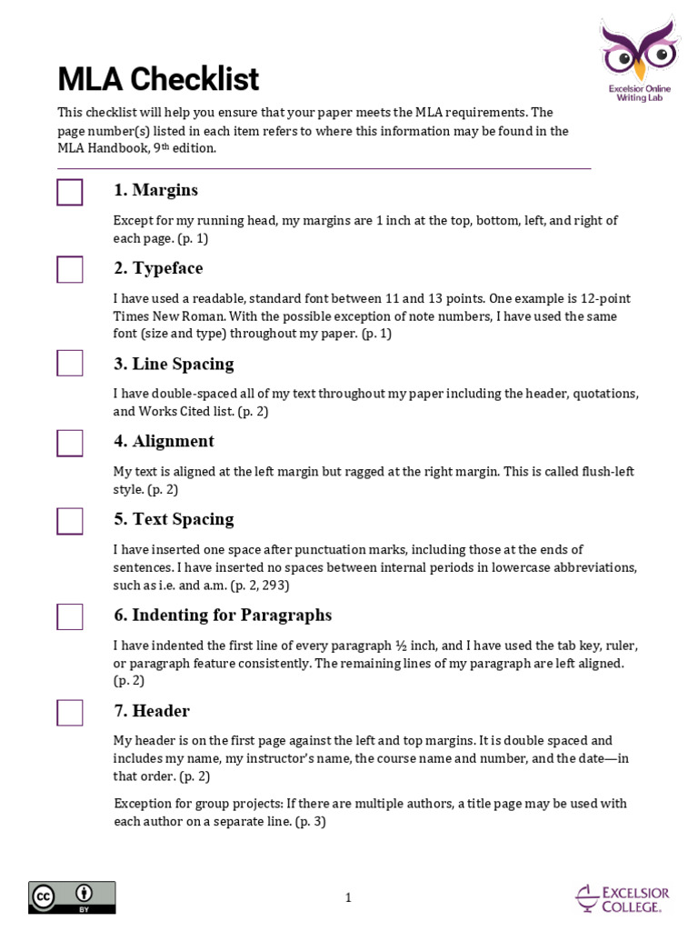 MLA Formatting Checklist Guide | PDF | Citation | Paragraph