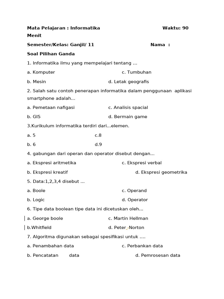 Soal Informatika Kelas 11 | PDF