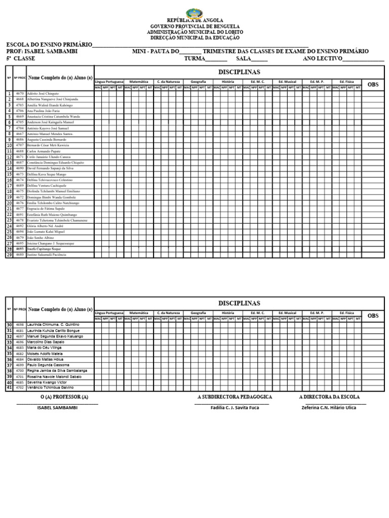 Mini - Pauta Dos Alunos Da 5 | PDF