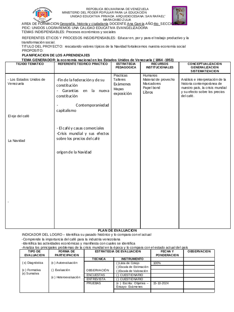 Planificacion GHC Ana Garcia 4to Año 1 Lapso | PDF | Evaluación