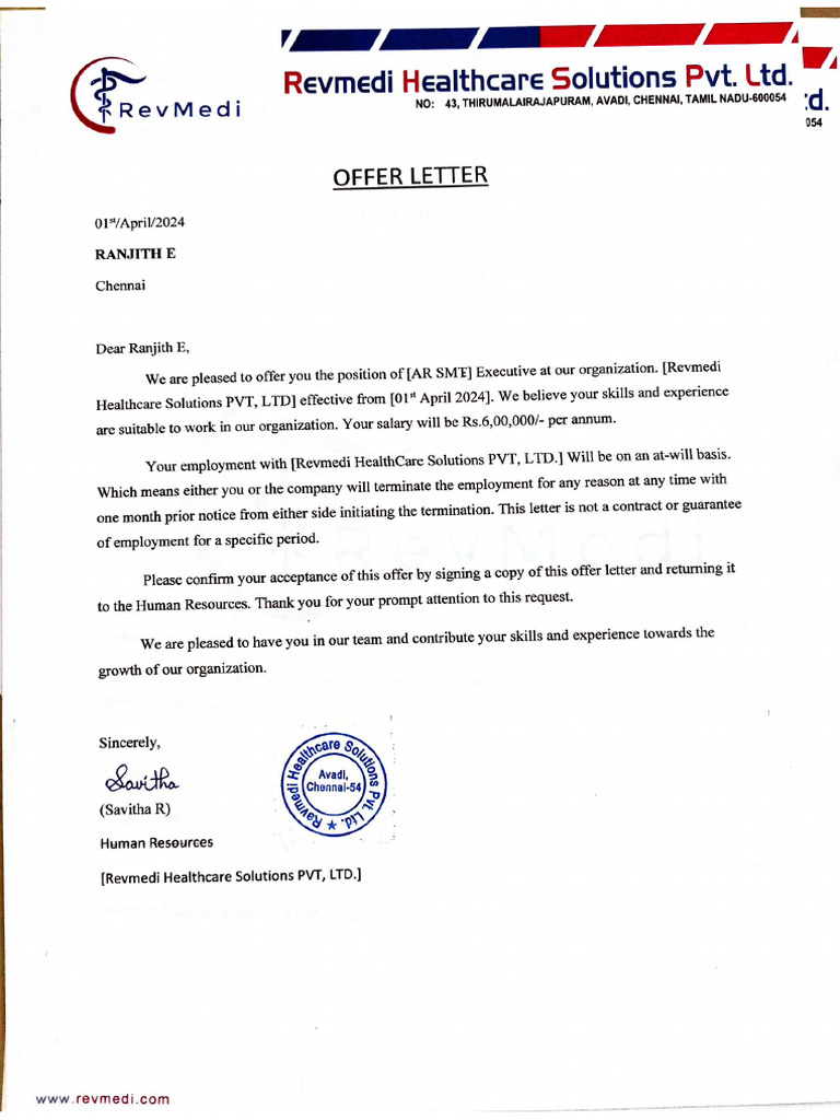 Ranjith Offer Letter | PDF