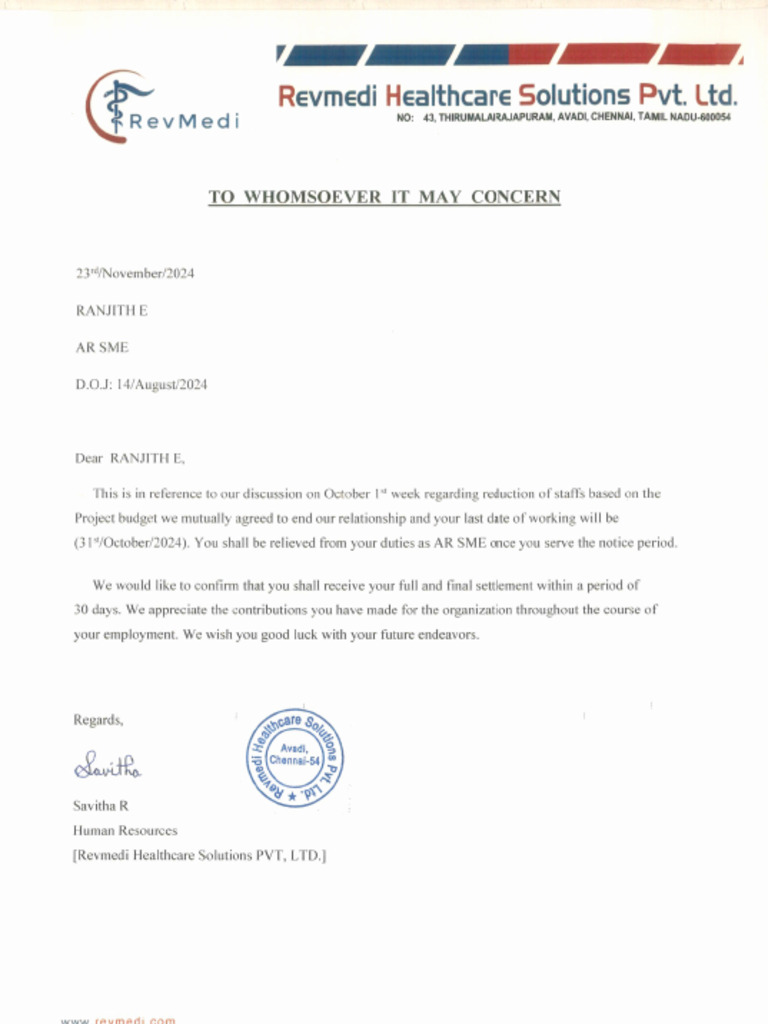 Ranjith Relieving Letter | PDF