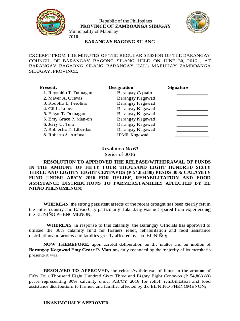 Resolution For Withdrawal of Calamity Fund | PDF | Currency | Philippines