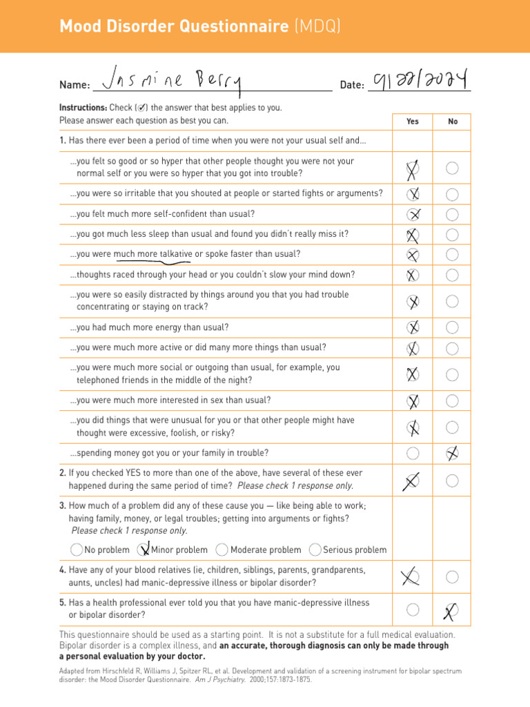 Mood Disorder Questionnaire for Bipolar Screening | PDF | Bipolar ...