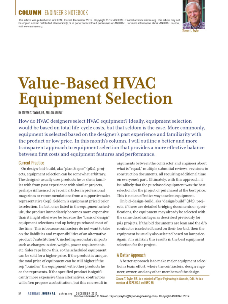 ASHRAE Journal - Value-Based HVAC Equipment Selection | PDF | Home ...