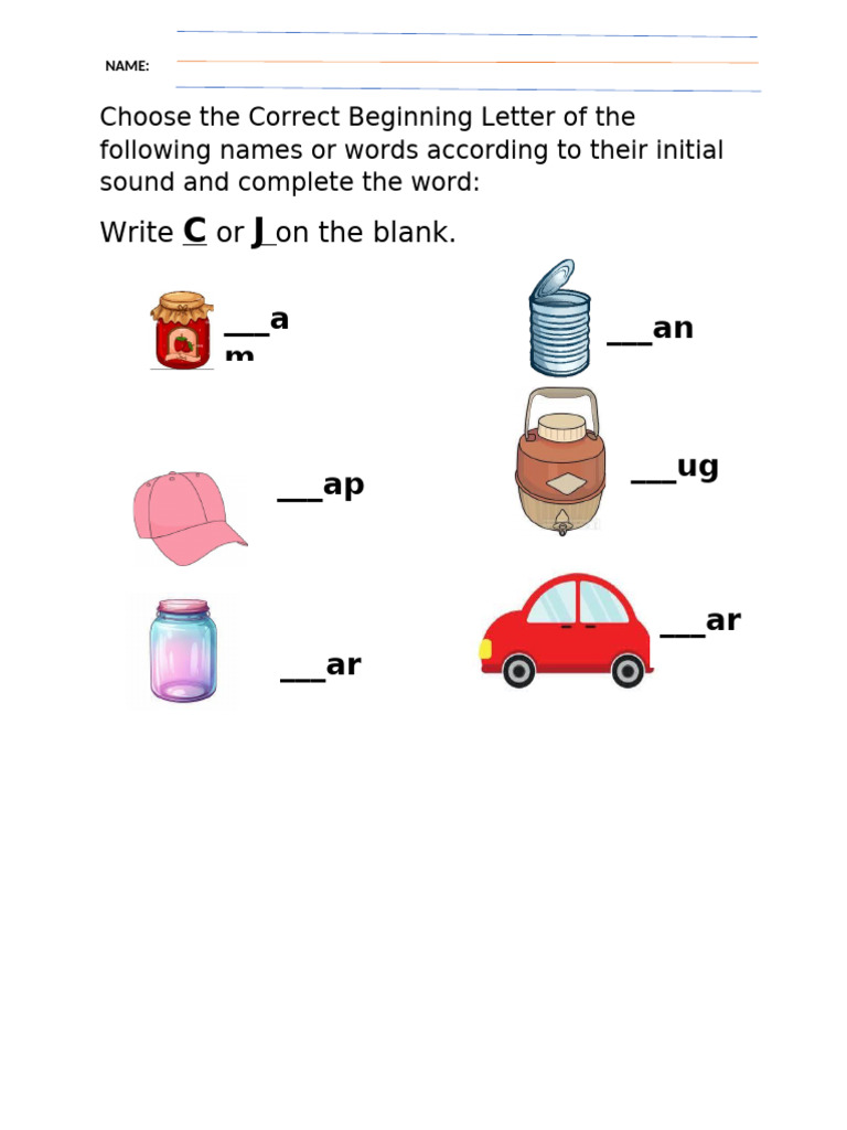 Choose The Correct Beginning Letter of The Following Names or Words ...