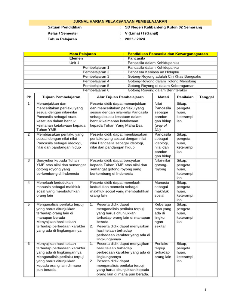 14. JURNAL HARIAN MERDEKA KLS V SMS 1 | PDF