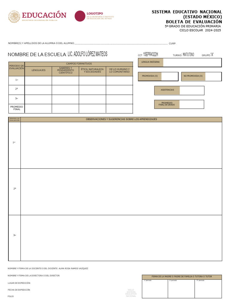 Boleta de Evaluación 5º Primaria 2024-2025 | PDF | Aprendizaje