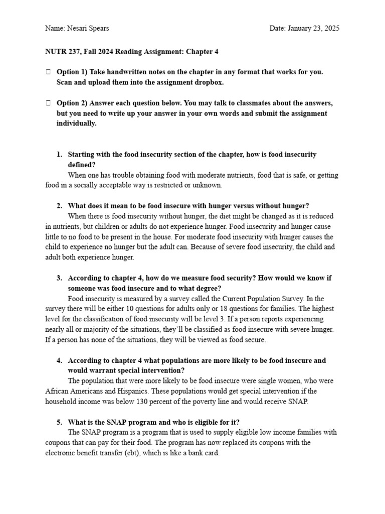 Chapter 4 Reading Assignment | PDF | Food Security | Supplemental Nutrition Assistance Program