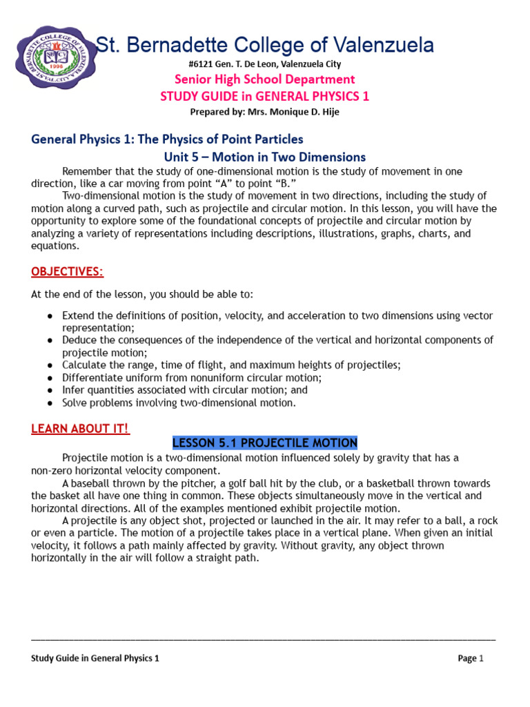 Study Guide: Motion in Two Dimensions | PDF | Acceleration | Velocity