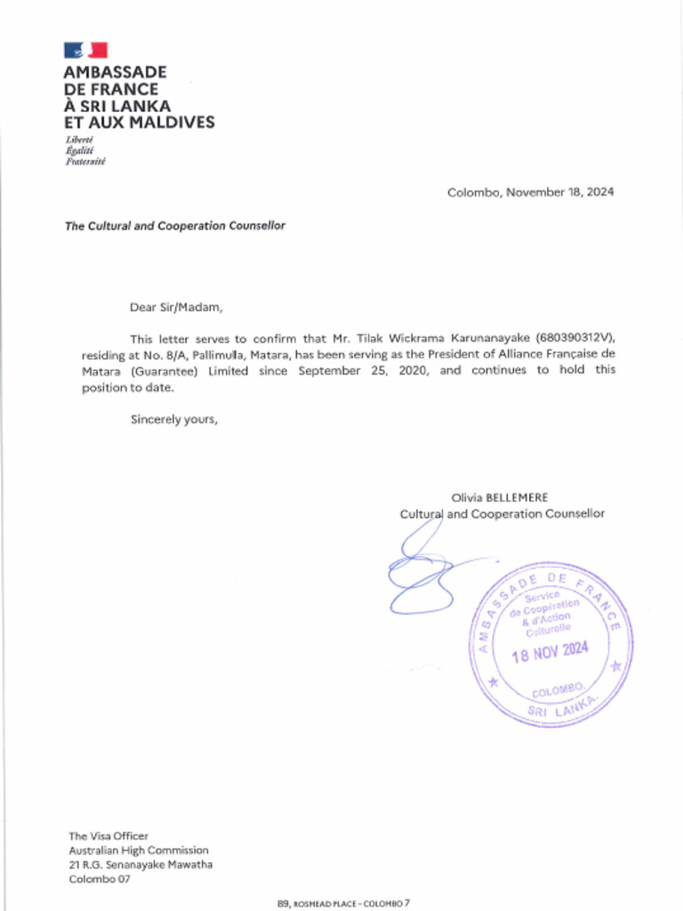 French Embassy - Letter Addressed To The Visa Officer of The Australian ...