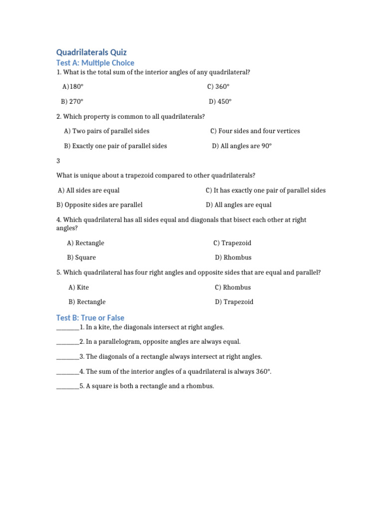 Quadrilaterals Quiz | PDF