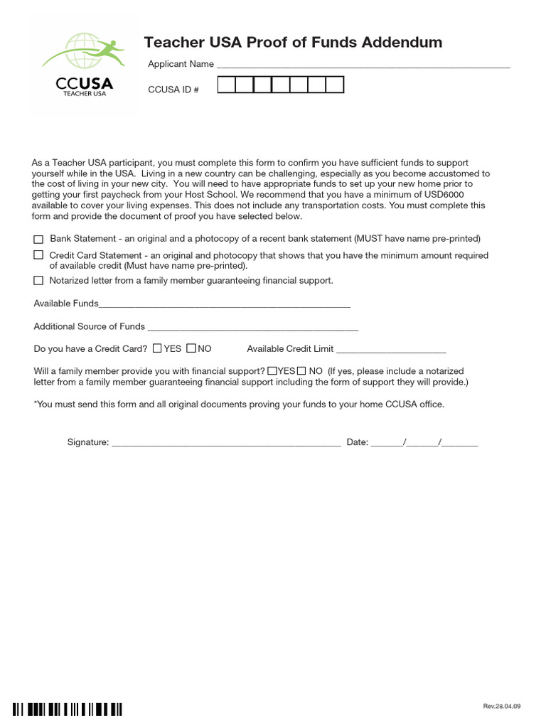 Teacher USA Proof of Funds Form | PDF