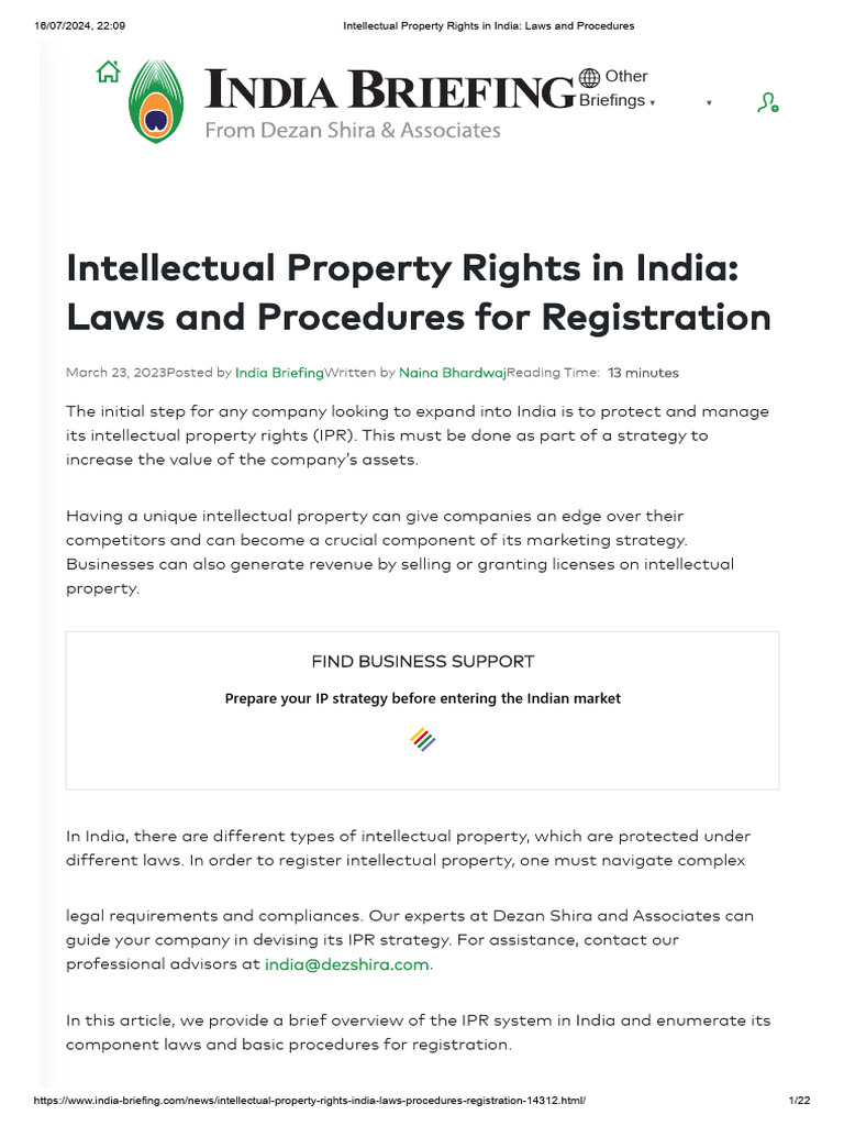 Intellectual Property Rights in India - Laws and Procedures | PDF ...