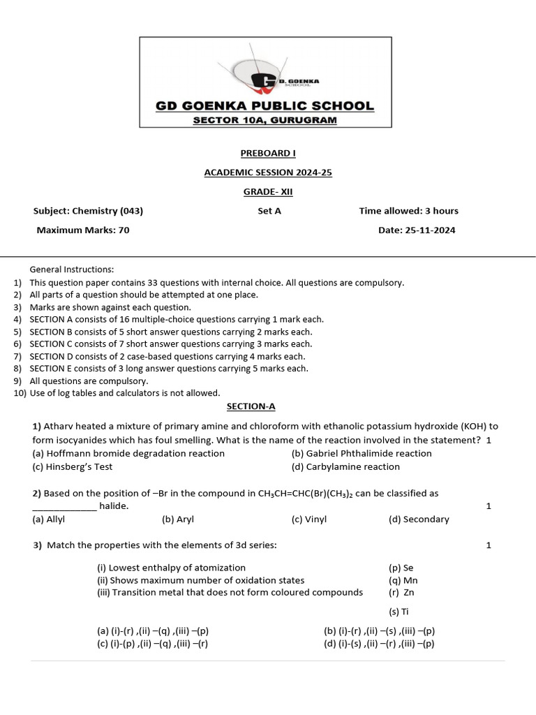 PREBOARD I Grade XII Chemistry Set A PAPER 2024-25 | PDF | Coordination ...