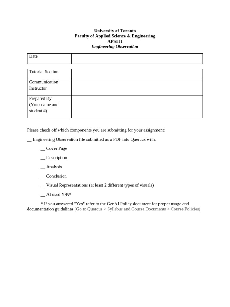 2024 - APS111 - Engineering Observation Cover Page | PDF