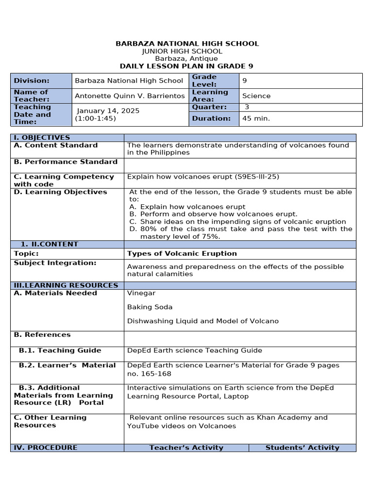 Grade 9 Science Lesson Plan: Volcanoes | PDF | Volcano | Types Of ...