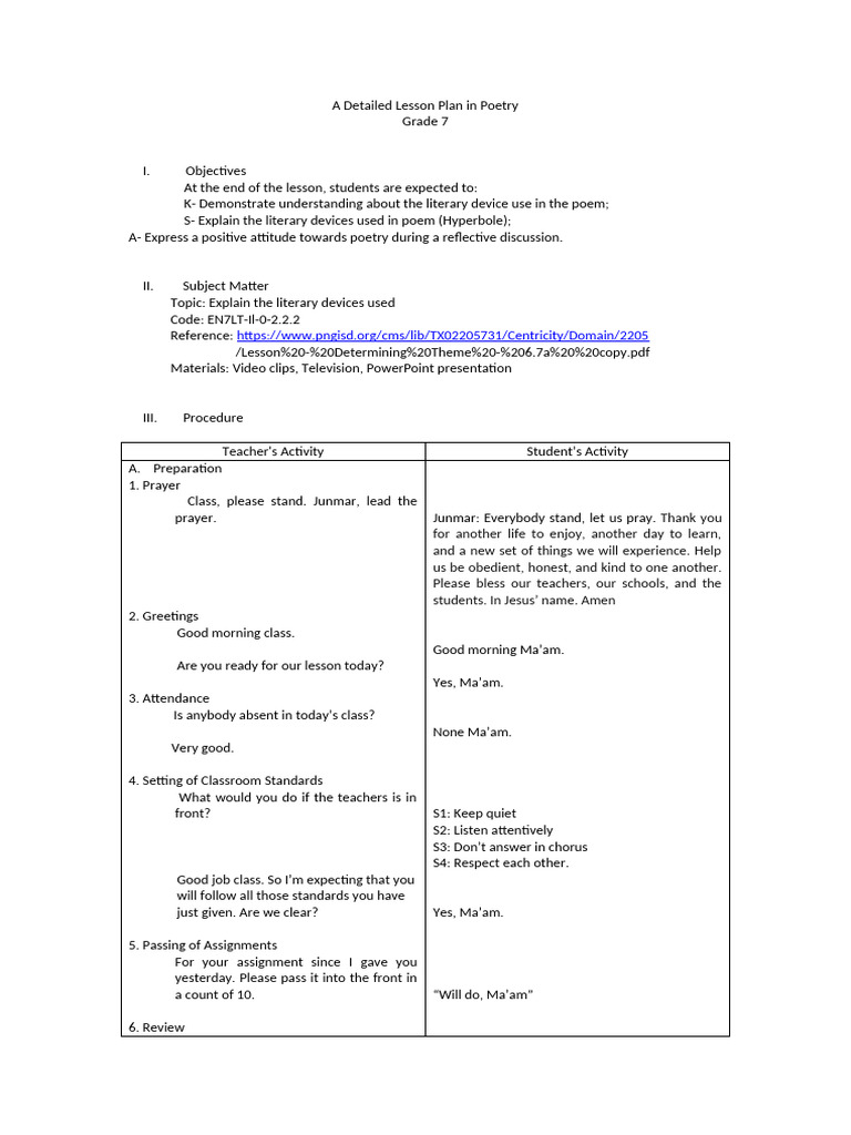 Lesson Plan in HYPERBOLE Final Poetry Grade 7 | PDF | Poetry | Lesson Plan