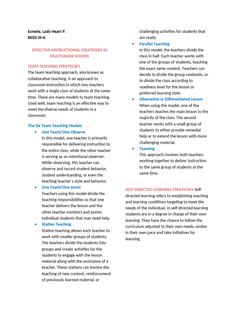 Team Teaching Strategies for Multigrade Classrooms | PDF | Teachers | Learning