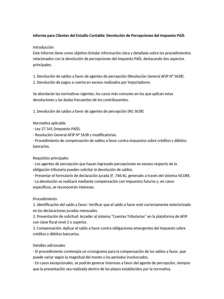 Informe - Devolución - Impuesto País | PDF | Impuestos | Economias