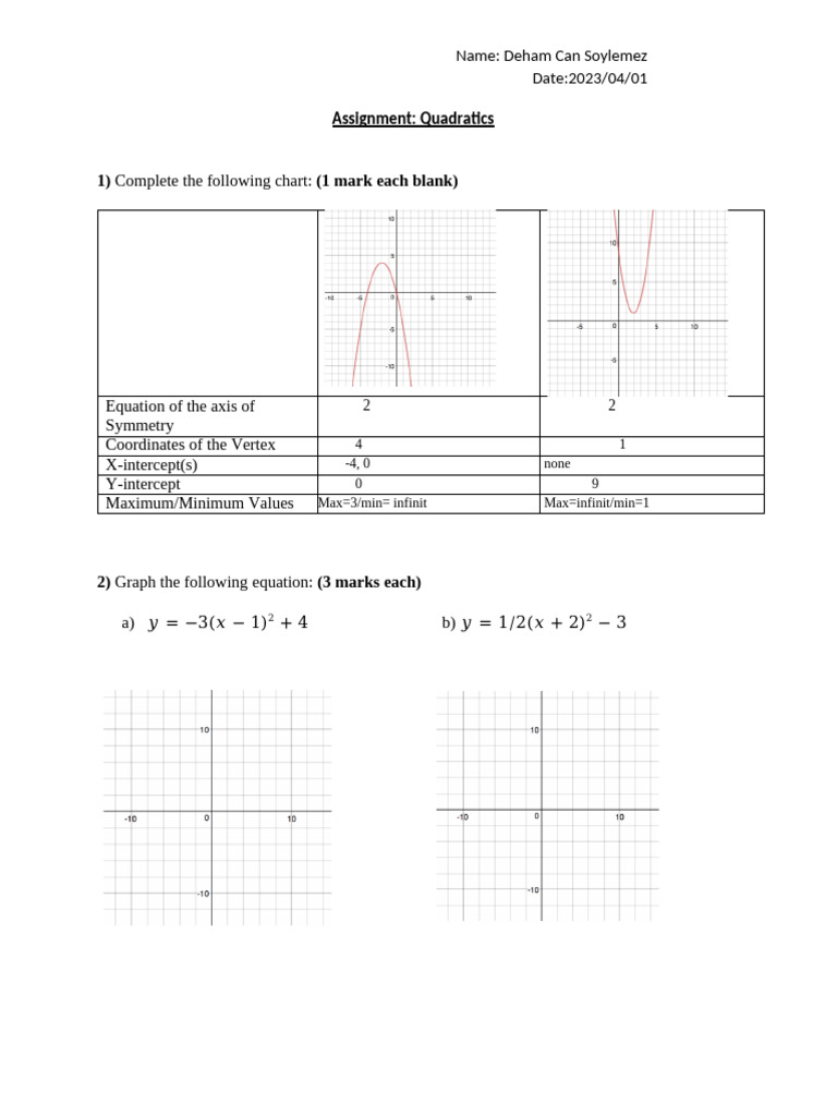 Quadratic Assignment Vertex Form (Done) | PDF | Mathematics ...