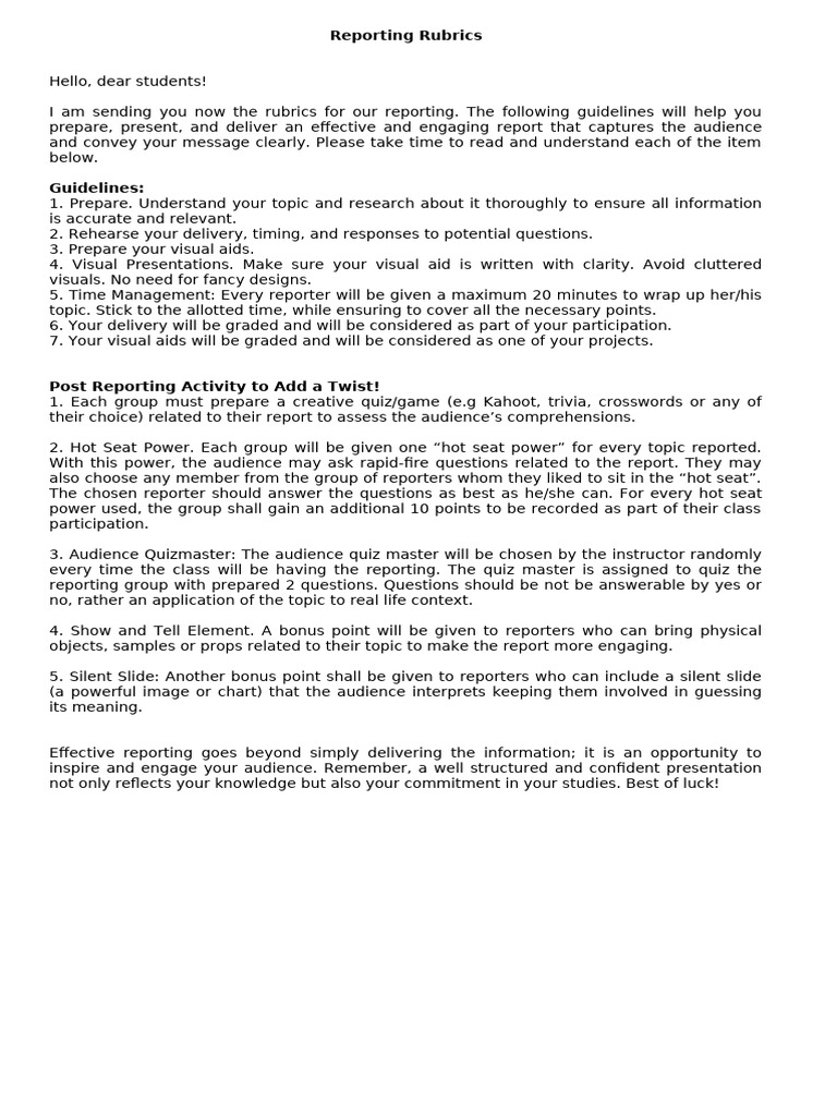 Reporting Rubrics Pdf Human Communication Cognition