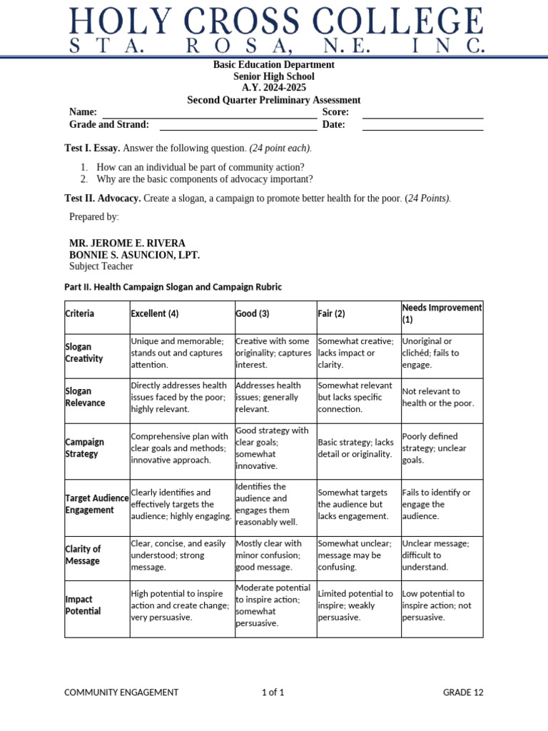 2nd Quarter Prelim Exam Cesc | PDF | Rubric (Academic) | Human ...