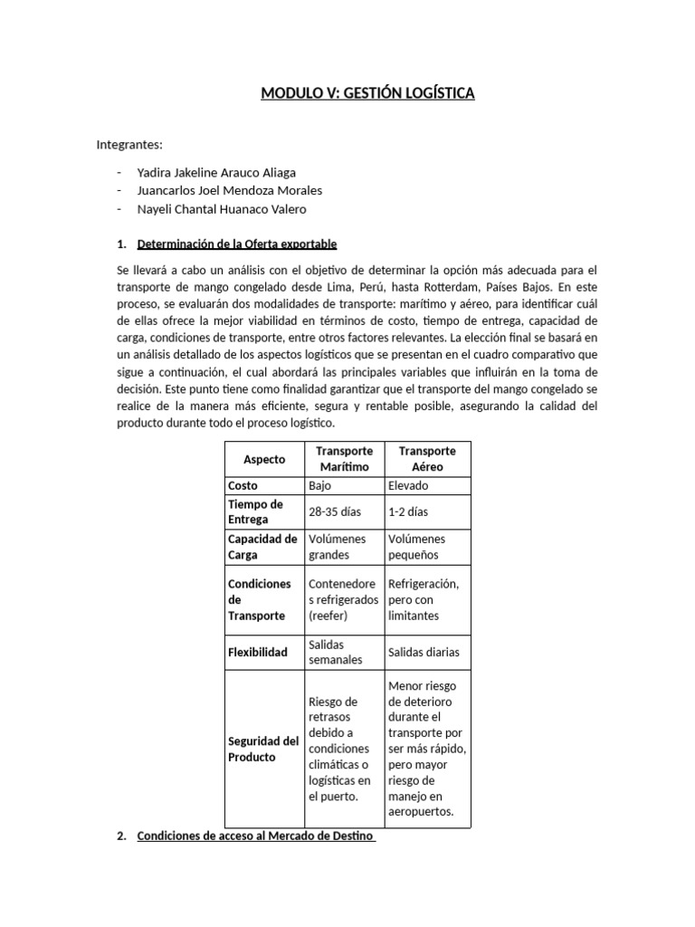 Análisis Logístico Para Exportar Mango Congelado Pdf Seguridad
