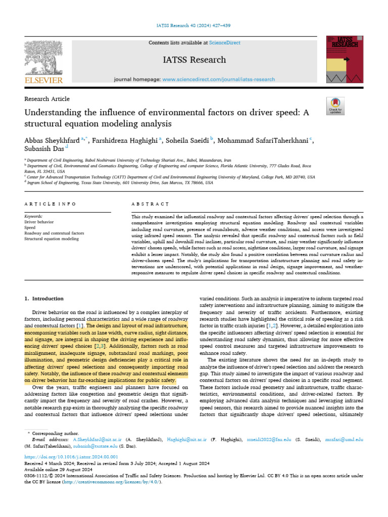 Understanding the influence of environmental factors on driver speed, A structural modeling ...