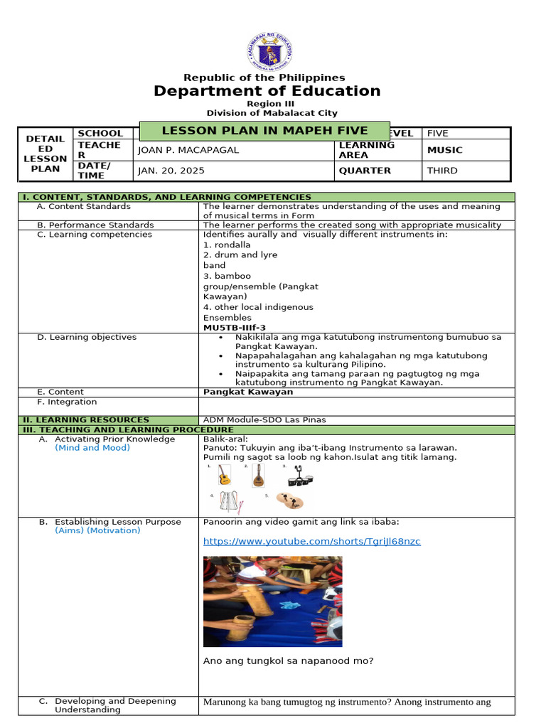 Mapeh - q3 - DLP - Week 7 - Day 1 To 5 - Jan 20 - 24, 2025 | PDF