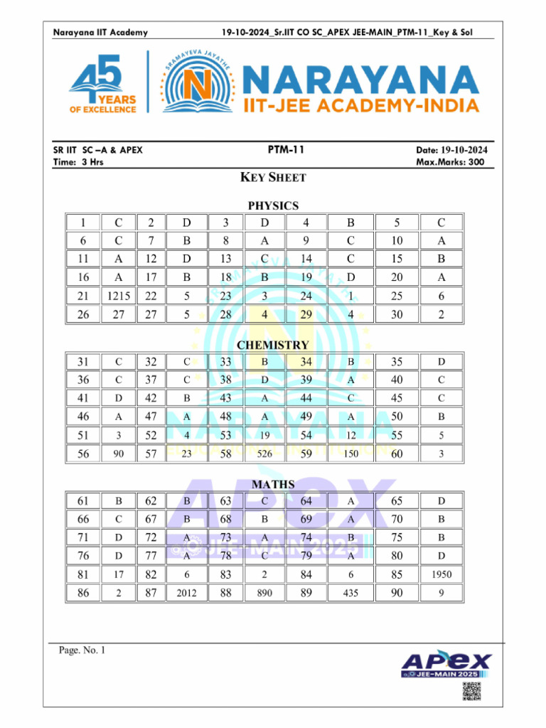 19 10 2024 SR IIT JEE APEX Jee Main MODEL PTM 11 KEY&SOL | PDF