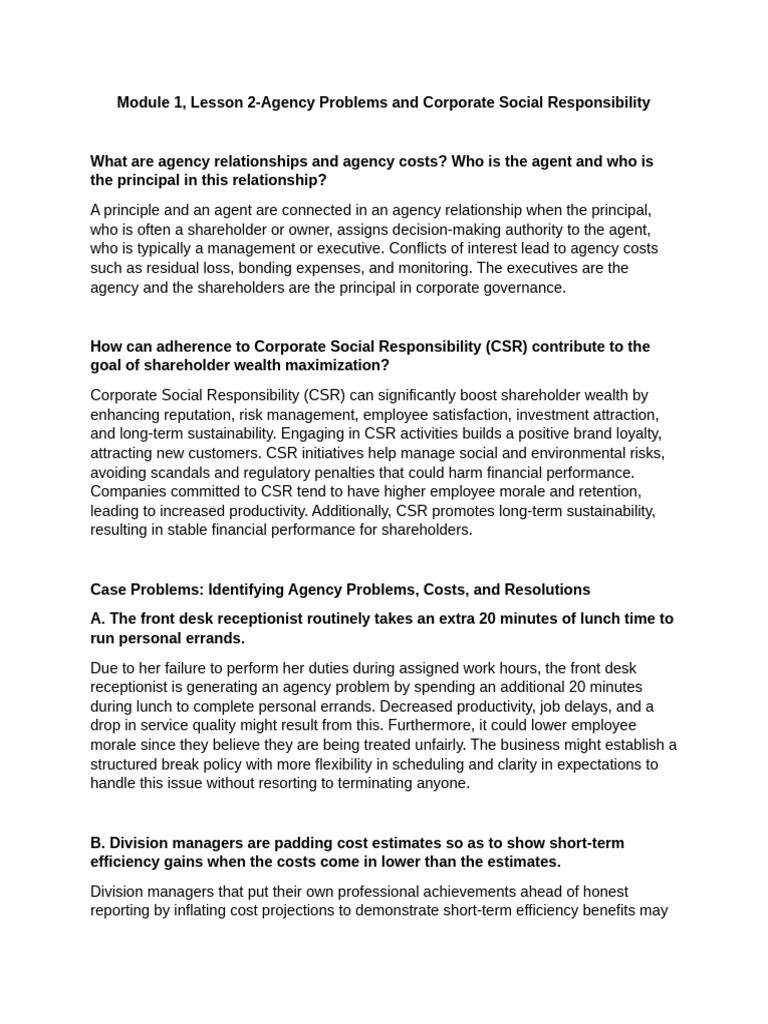 Agency Problems and CSR in Finance | PDF | Corporate Social ...