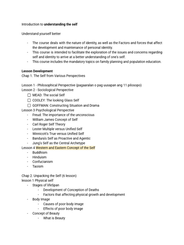 Understanding The Self Notes | PDF | Philosophy Of Self | Self