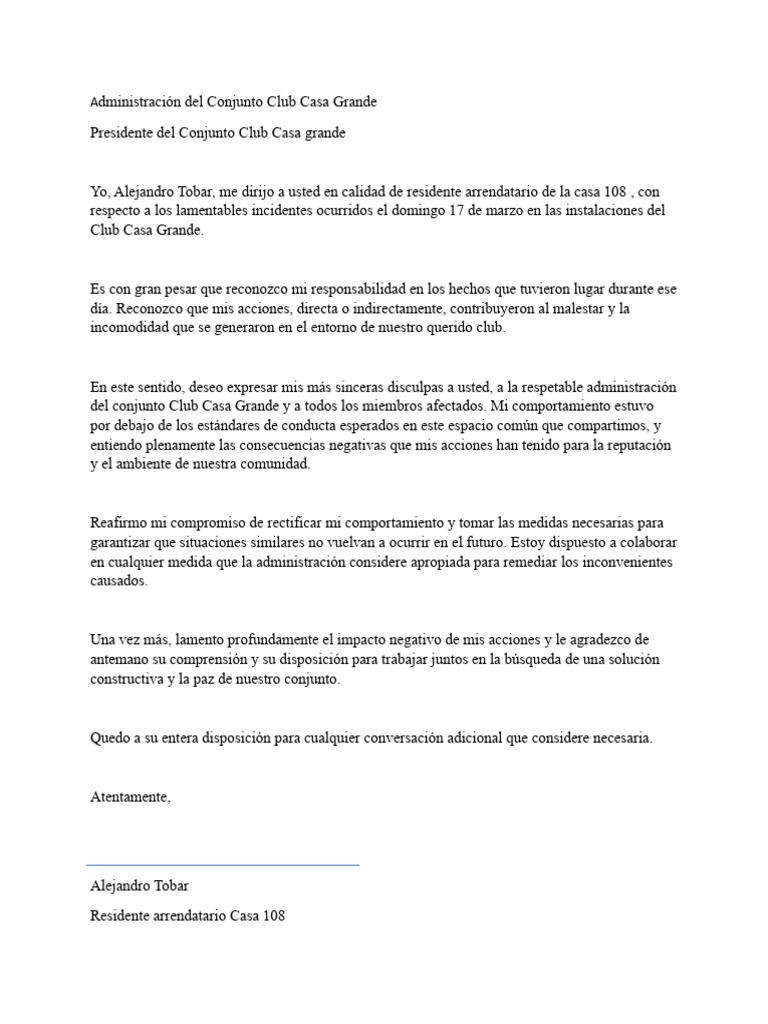 Disculpa y Compromiso en Club Casa Grande | PDF