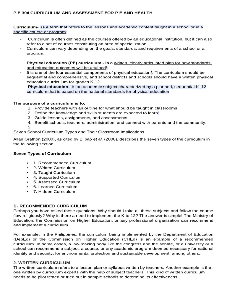 Pe 304 For Midterm Exam | PDF | Educational Assessment | Curriculum