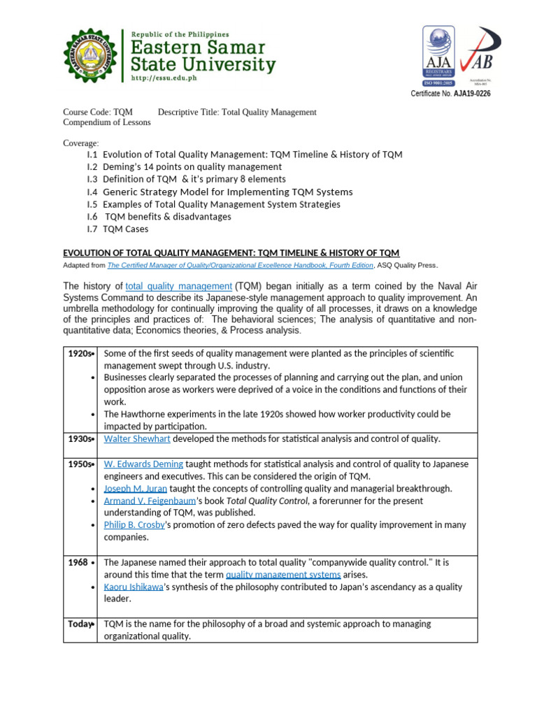 TQM Handout Midterm Coverage | PDF | Quality Management | Business