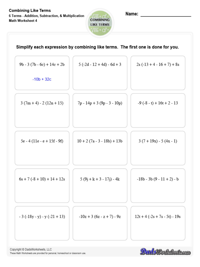 Combining Like Terms 6 Terms Addition Subtraction Multiplication v4 | PDF