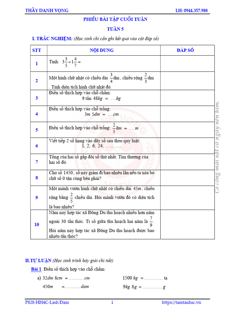 Toan 5 - Phieu Bai Tap Tuan 5 | PDF