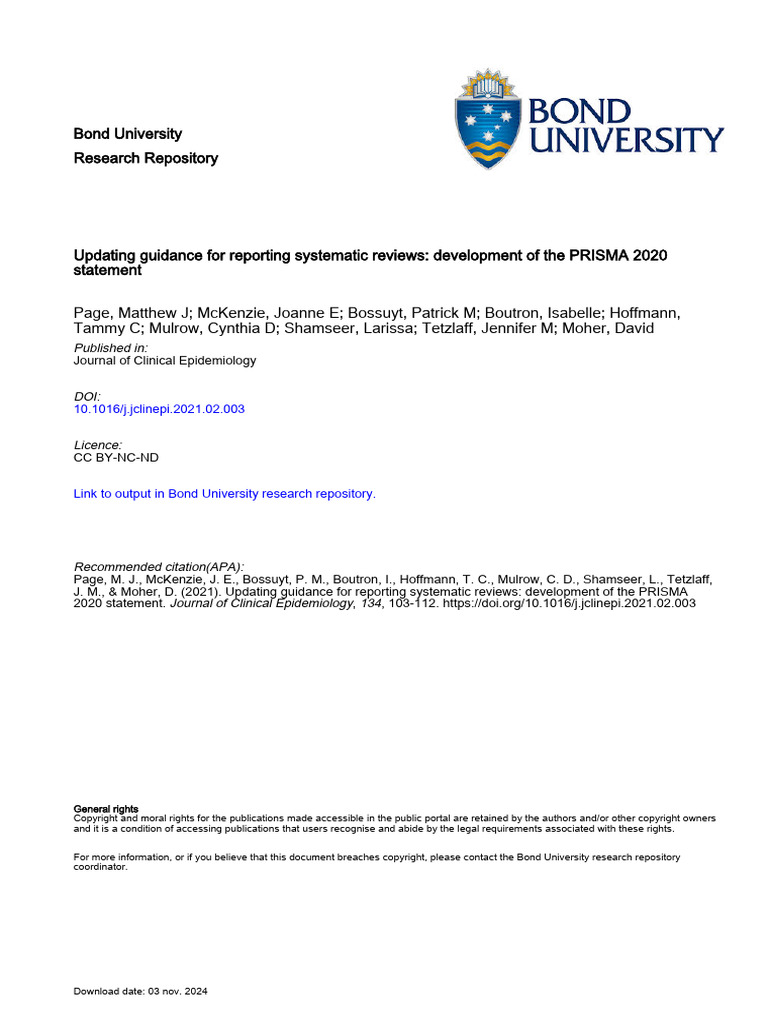 2021. Page, Matthew J. Updating guidance for reporting systematic reviews development of the ...