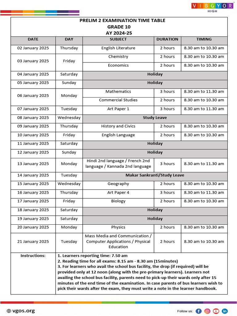 Cisce Grade-10 - Prelim-2 Timetable | PDF