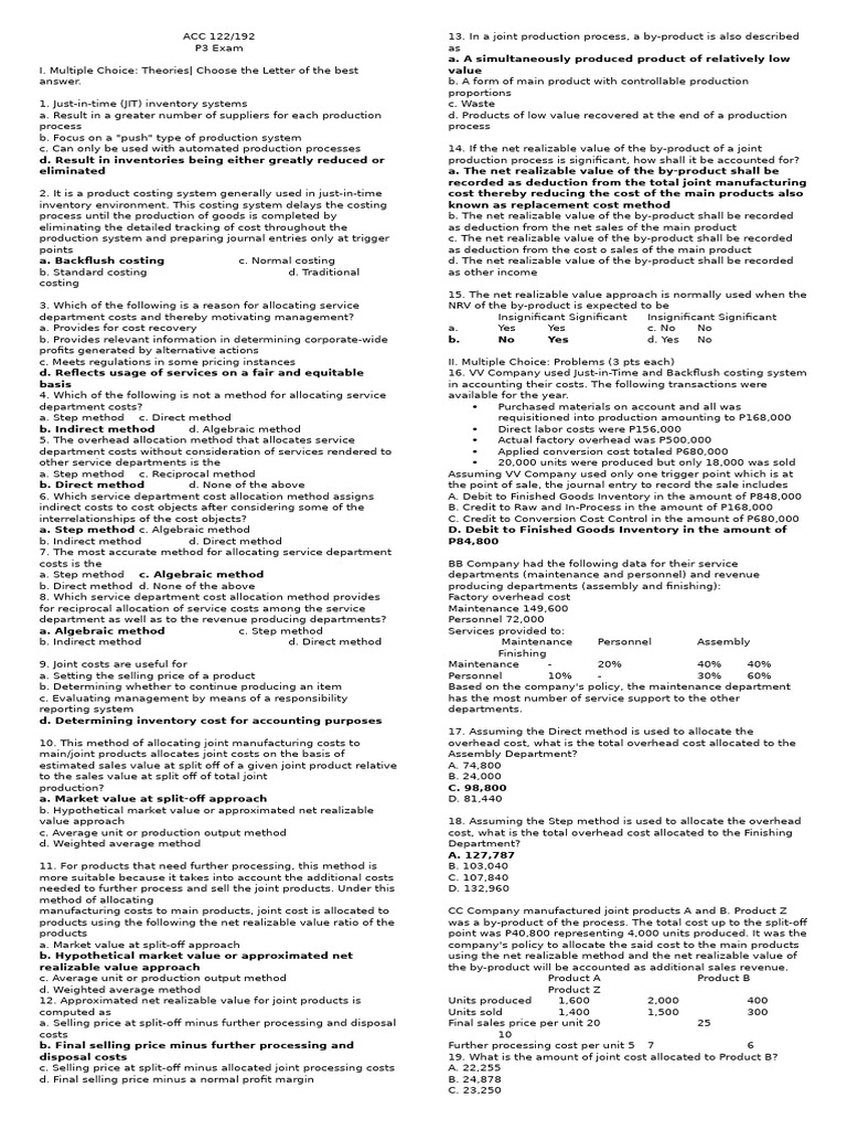 ACC 122 P3 Exam Review Questions | PDF | Inventory | Lean Manufacturing
