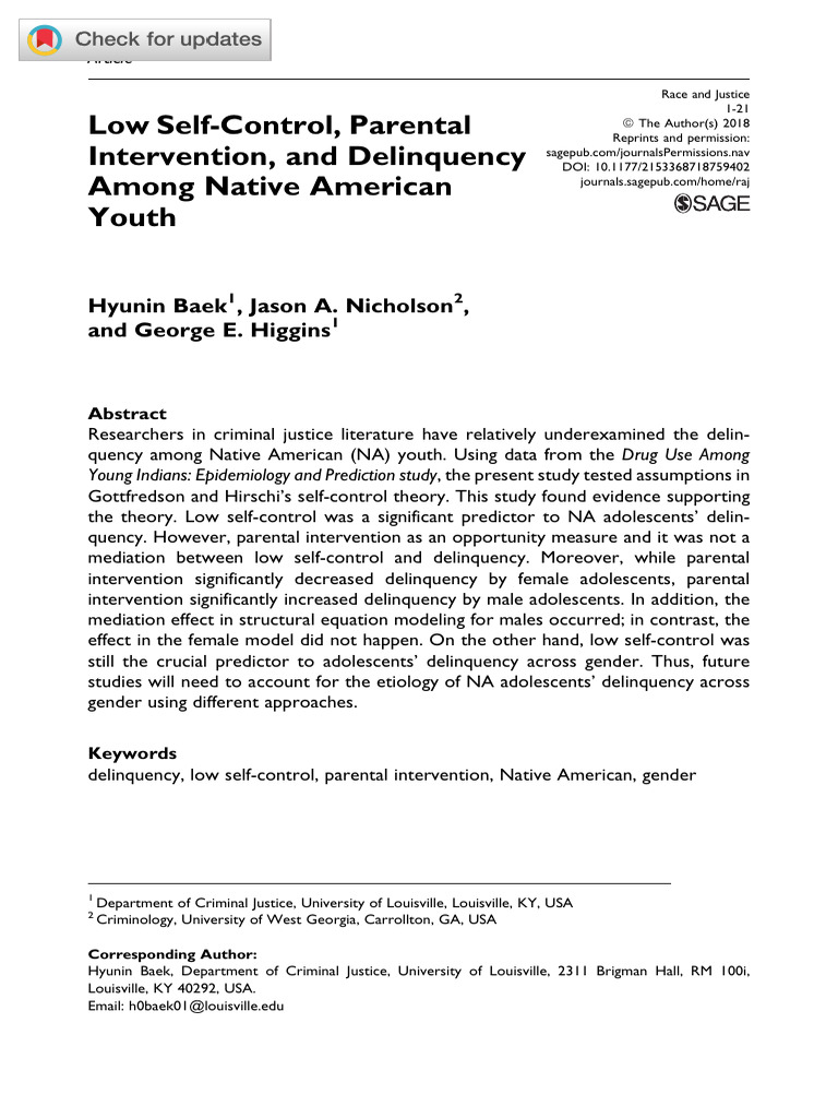 Baek, H. Low Self-Control, Parental Intervention, and Delinquency Among ...