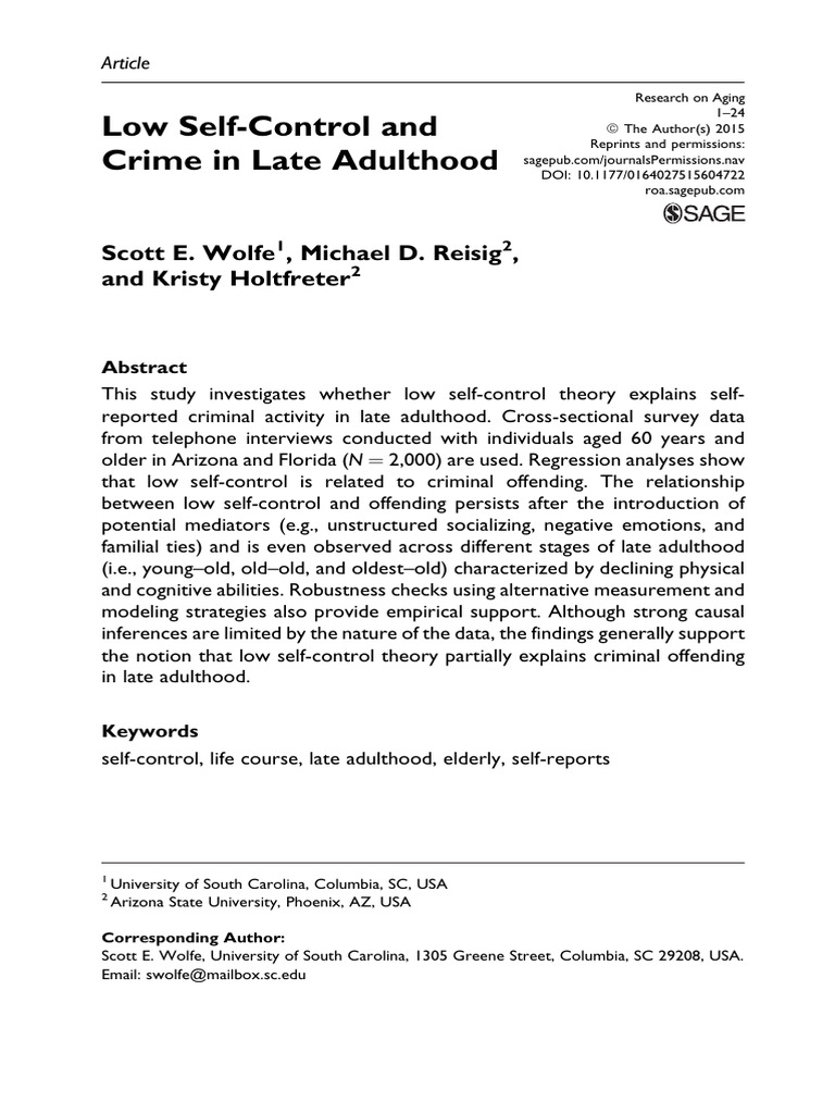 Wolfe, S. Low Self-Control and Crime in Late Adulthood | PDF | Self ...